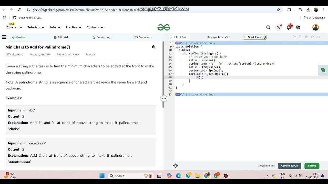 Min Chars to Add for Palindrome | GFG POTD - YouTube