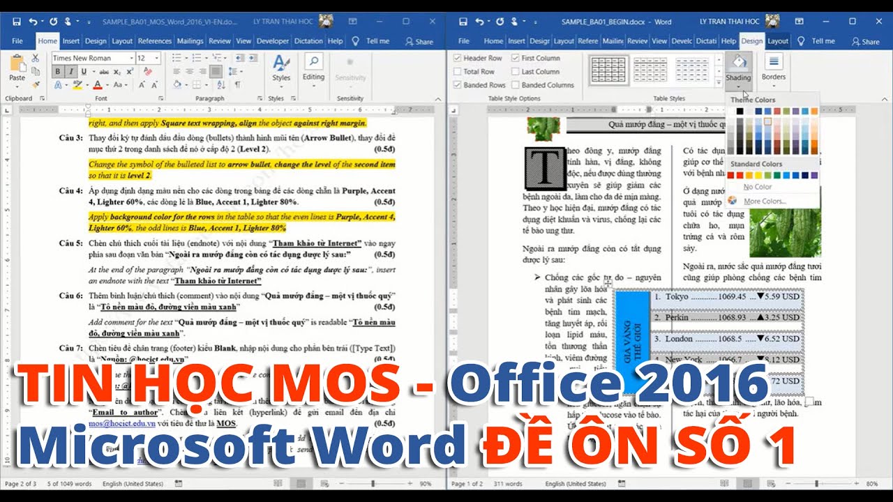 Hướng dẫn giải đề ôn tập Số 1 - Tin học MOS - Word 2016 | Từ nhập liệu định dạng cho đến câu hỏi ...
