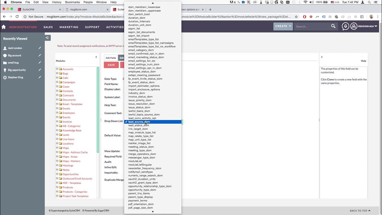 Change dropdown options suitecrm sugarcrm - YouTube