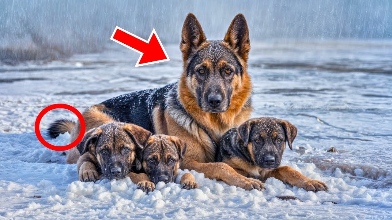 Berger Allemand gelé avec trois chiots. La décision du vieil homme en ...