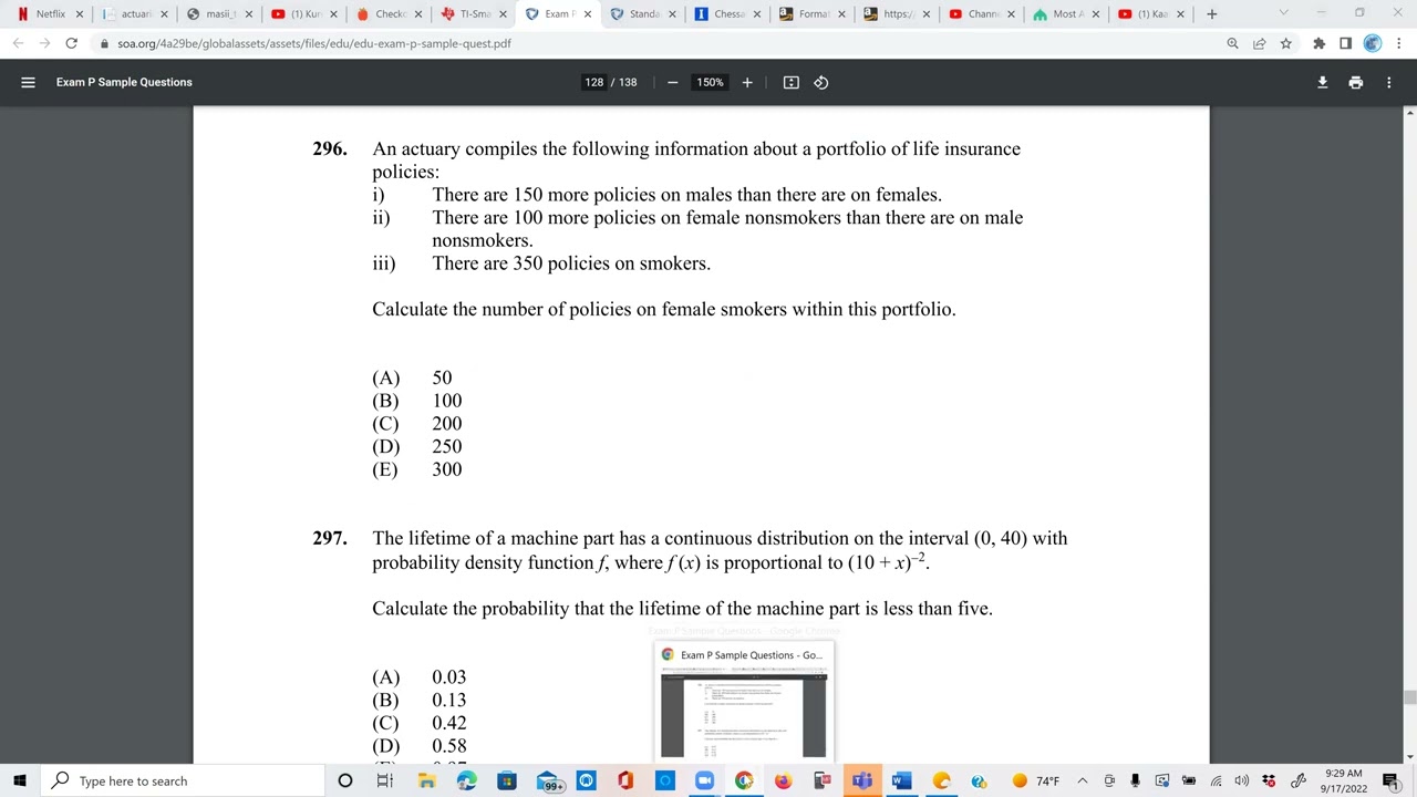 Actuarial SOA Exam P Sample Question 296 Solution - YouTube