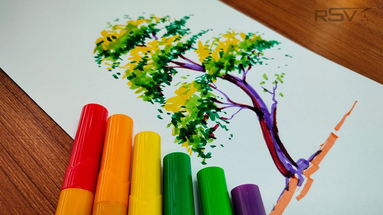 tree colour drawing easy | tree colour sketch | how to draw ...