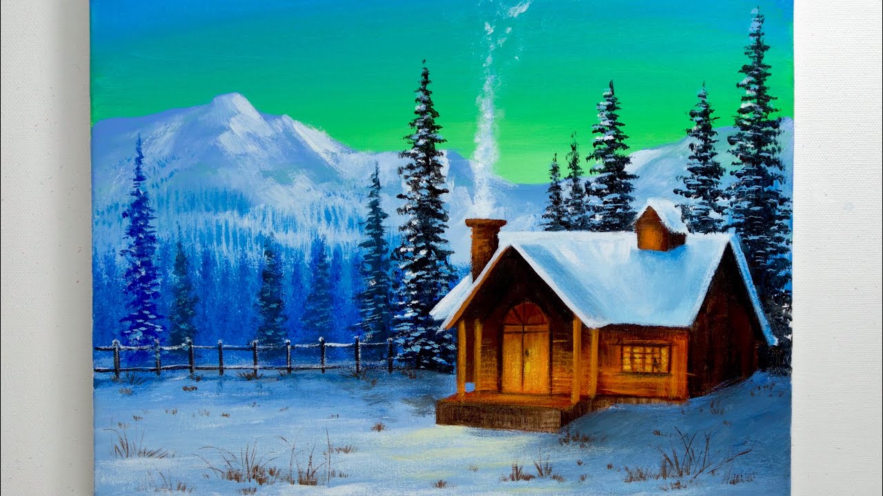 Winter Landscape Painting | Winter Night Cabin | Winter Acrylic ...