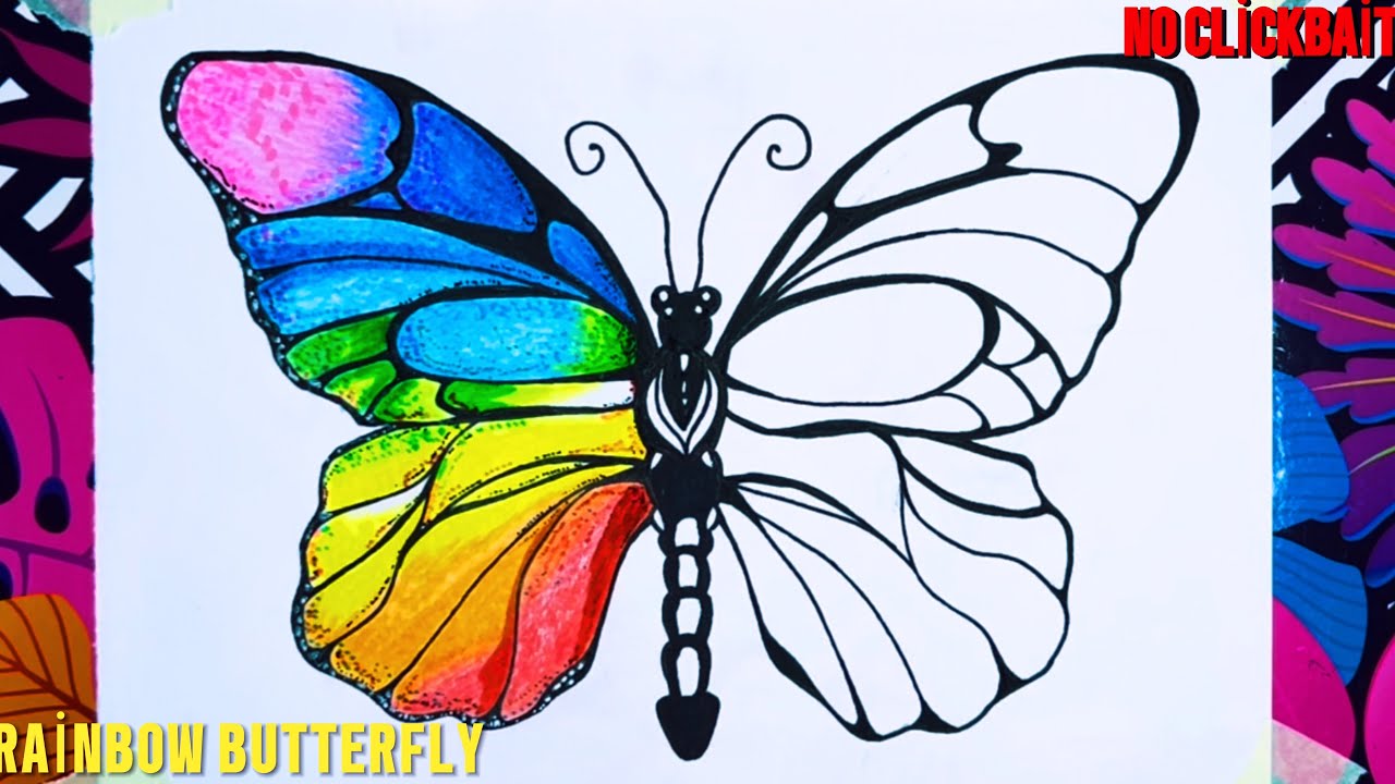 🦋Rainbow Butterfly drawing and painting /step by step drawing for kids ...