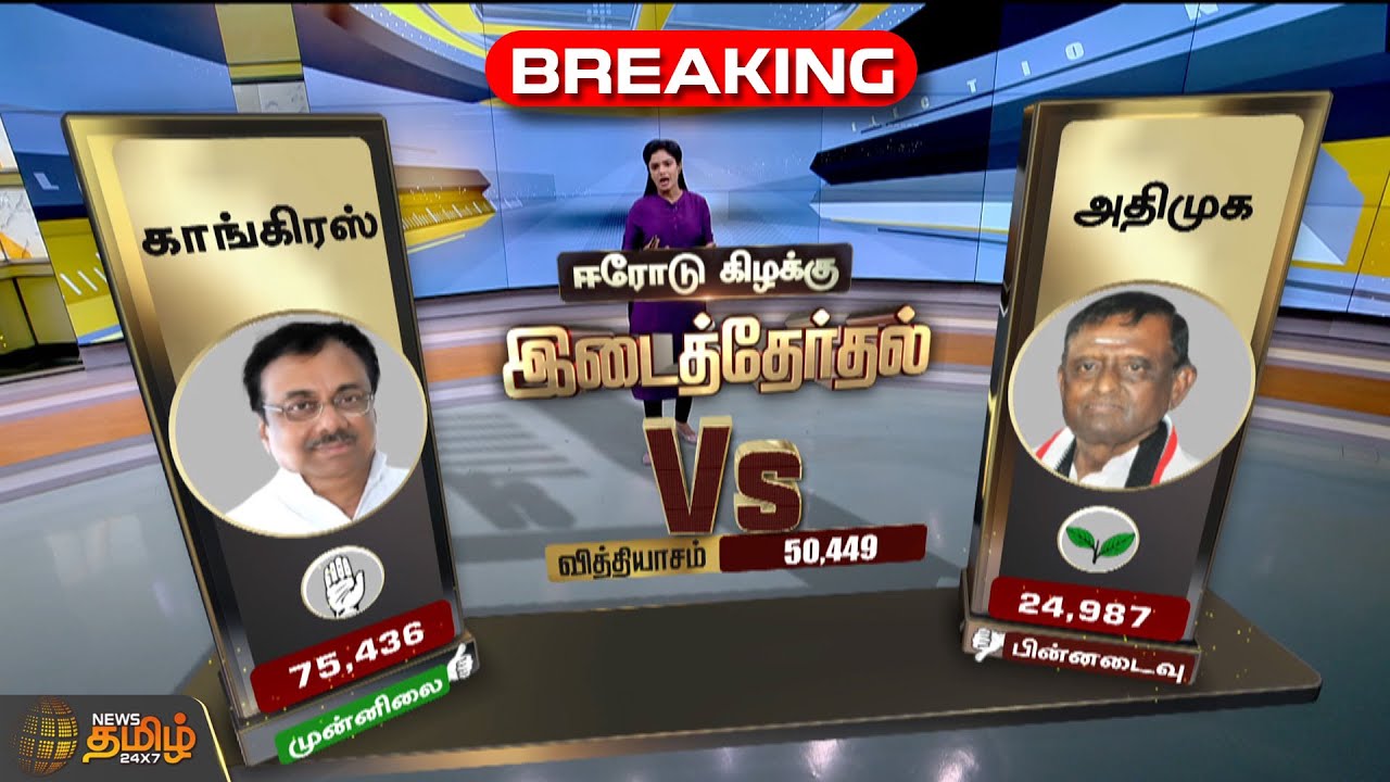 Breaking| Erode By Election 50,449 வாக்குகள் வித்தியாசத்தில் EVKS Elangovan முன்னிலை ...