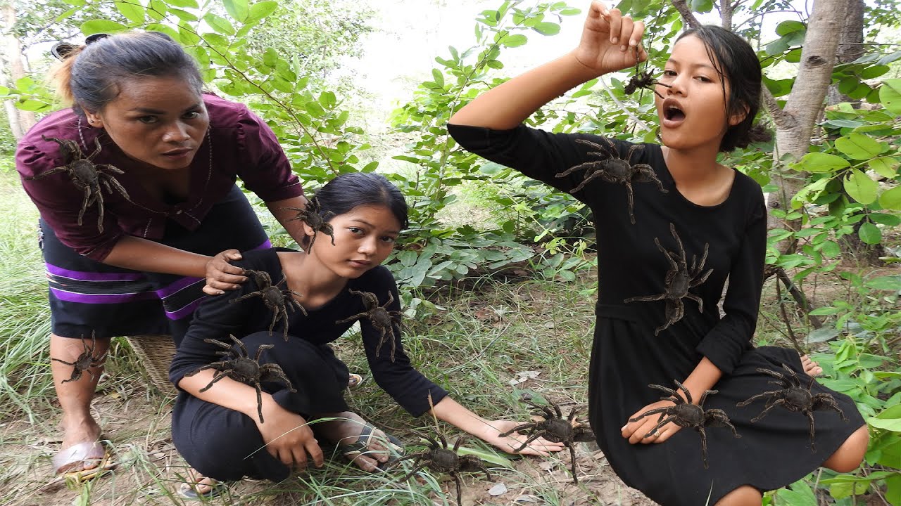 survival in the rain forest-Spider-Girl,Dig Big black spiders,Grill ...