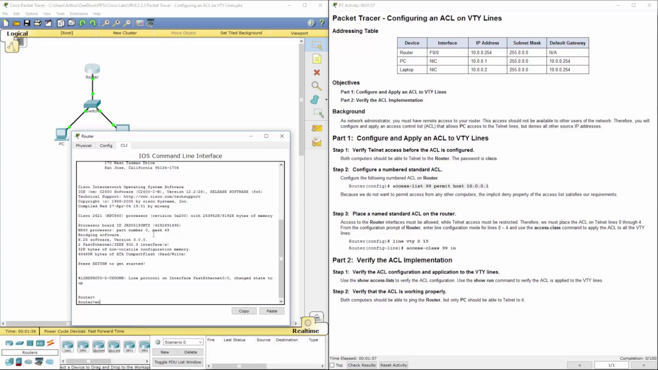 Cisco RnS - Lab 9.2.3.3 Packet Tracer - Configuring an ACL on VTY - YouTube