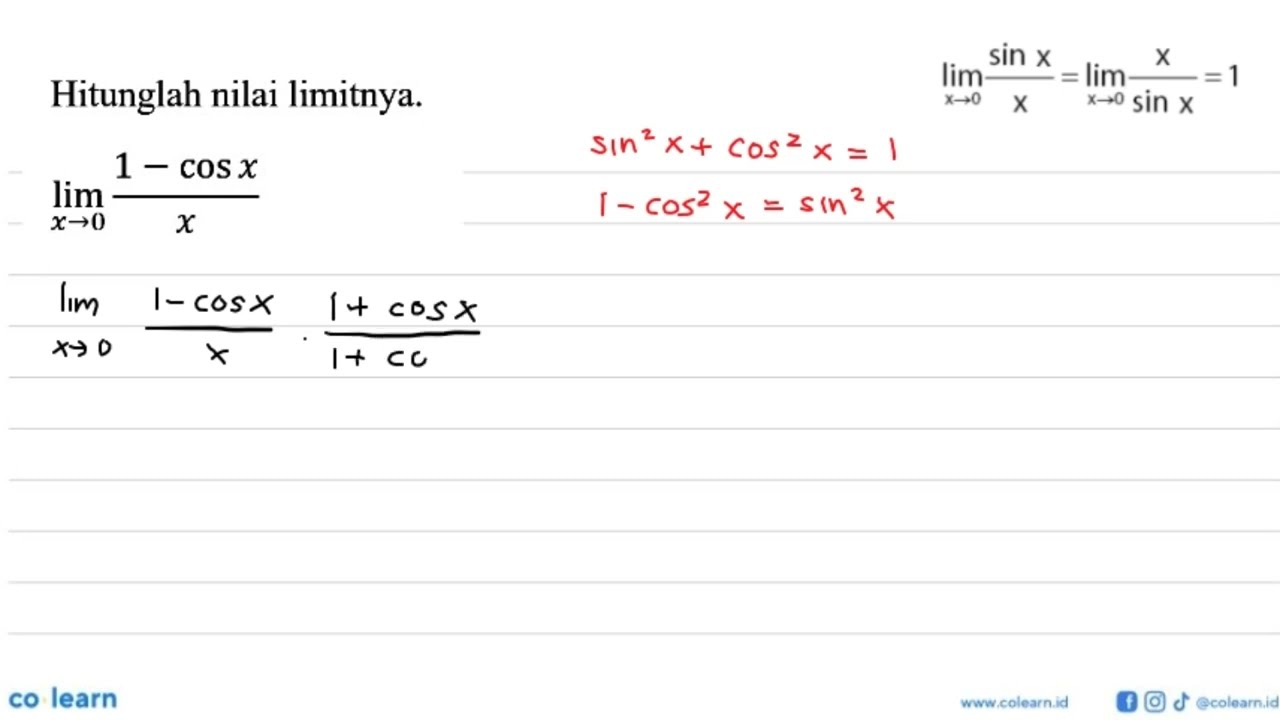 Hitunglah Nilai Limitnya Lim X 0 1 cos X x YouTube Hitunglah Nilai Limitnya Lim X 0 1 cos X x YouTube