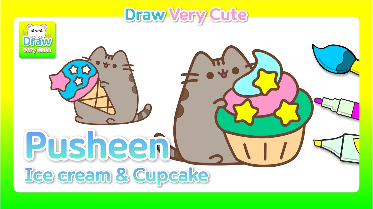 Drawing and coloring Pusheen the cat ice cream cupcake cute character ...