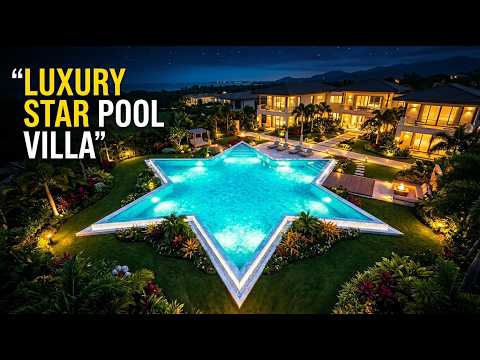Luxury Star Shaped Swimming Pool Villa – Night Final Cinematic Reveal with Garden Lights & Marble