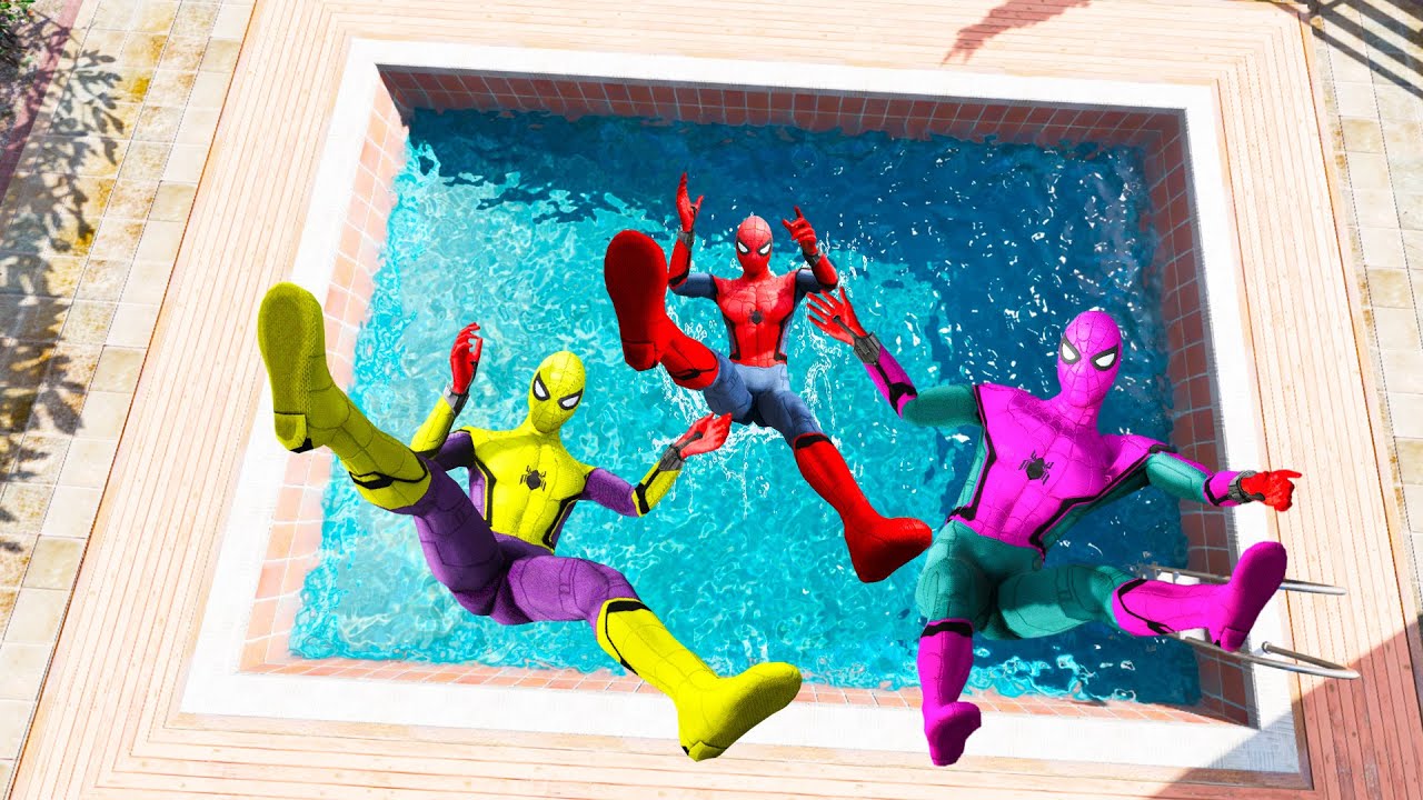 GTA 5 Rainbow Yellow Vs Red & Pink Spiderman Jumping Into Pool ...