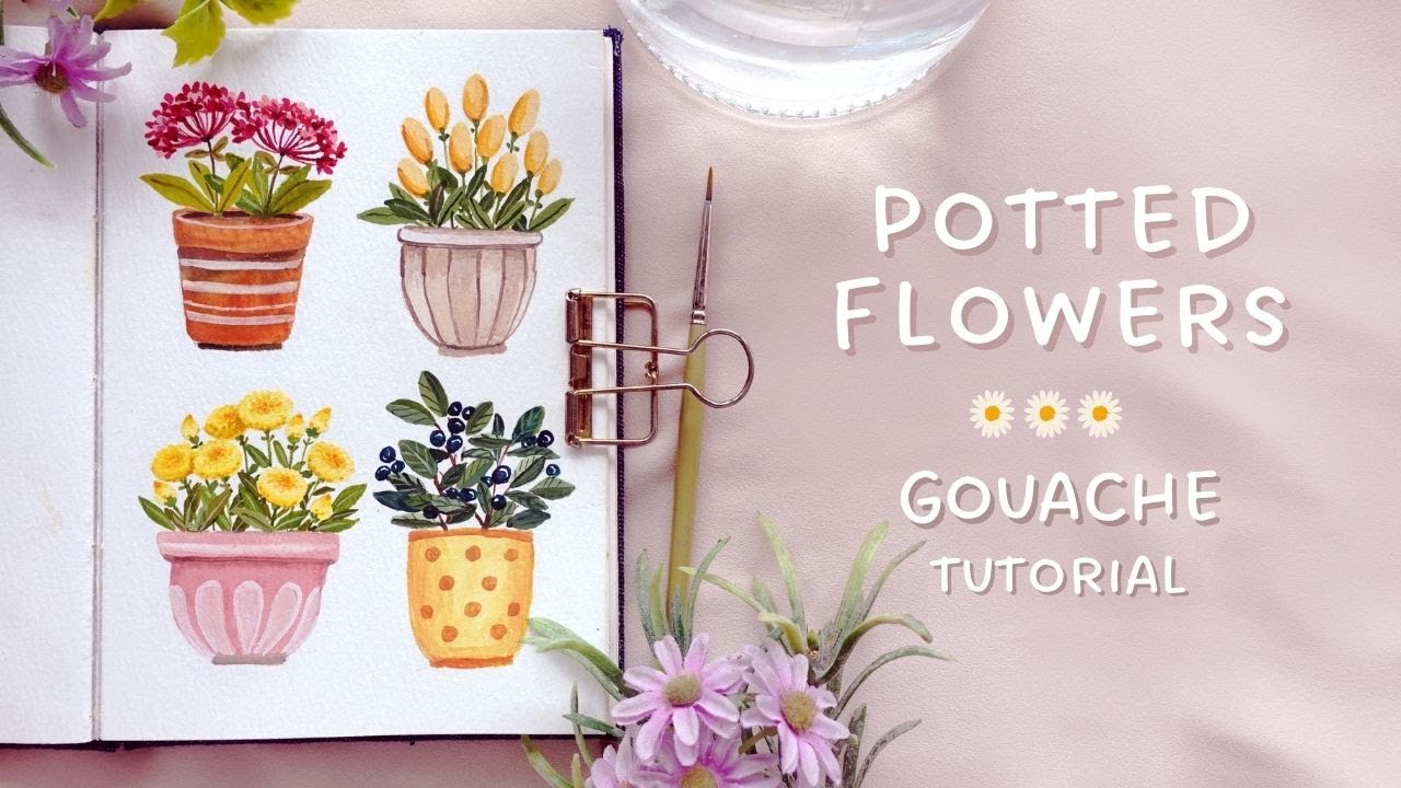 Potted Flowers with Gouache: Drawing to Painting Tutorial - YouTube