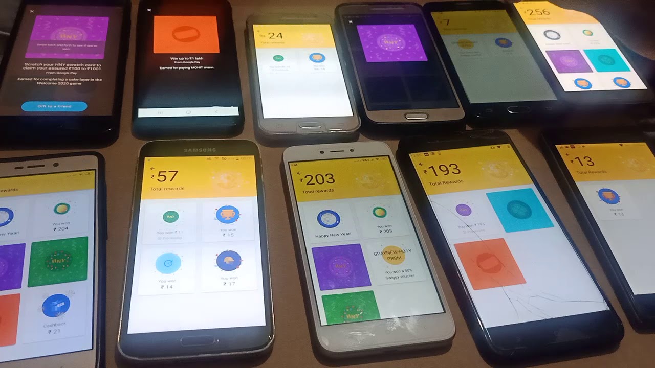 11 PHONES GOOGLE PAY SCRATCH CARD 2 LAKH 1 LAKH 1000 100. RUPEES AND ...