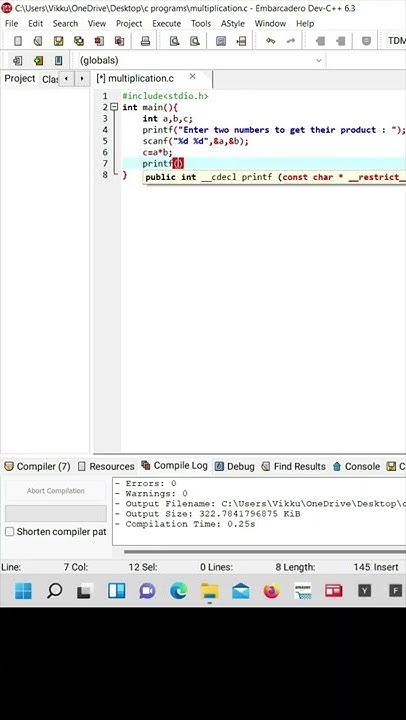 Multiplication of two numbers in c language for beginners short video ...