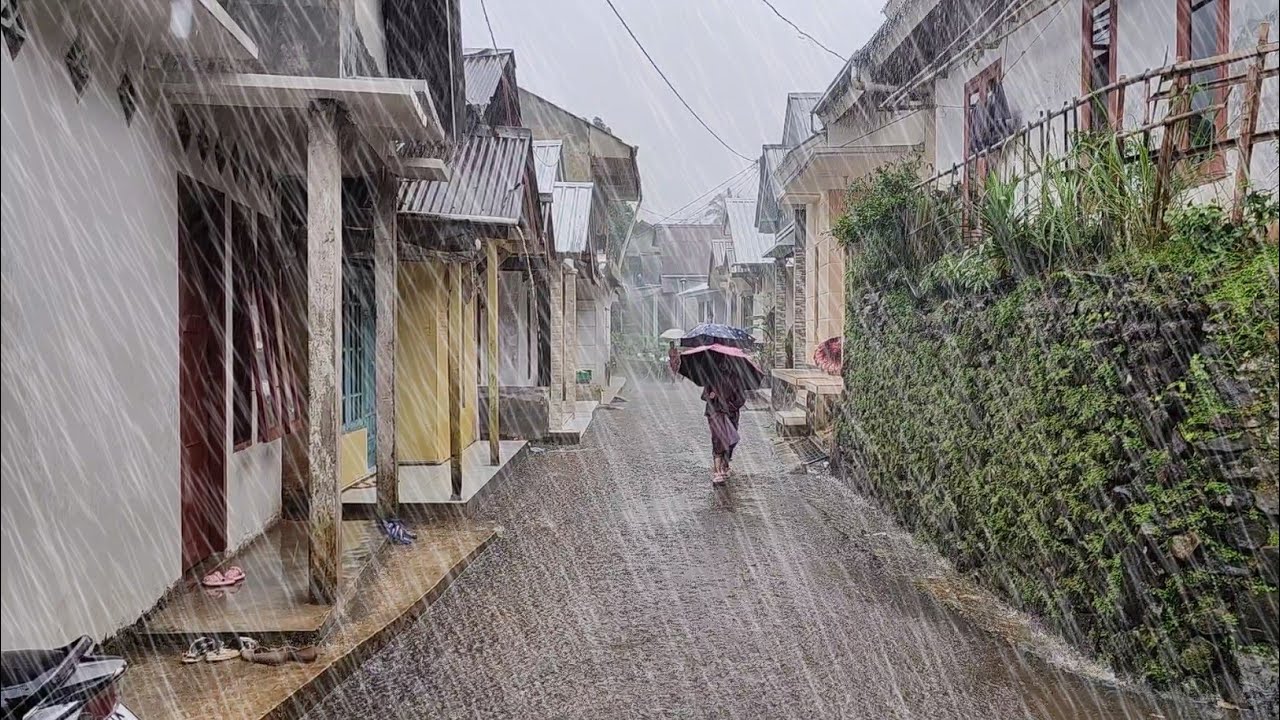 Super heavy rain and storms in rural Indonesia, walking in super heavy ...