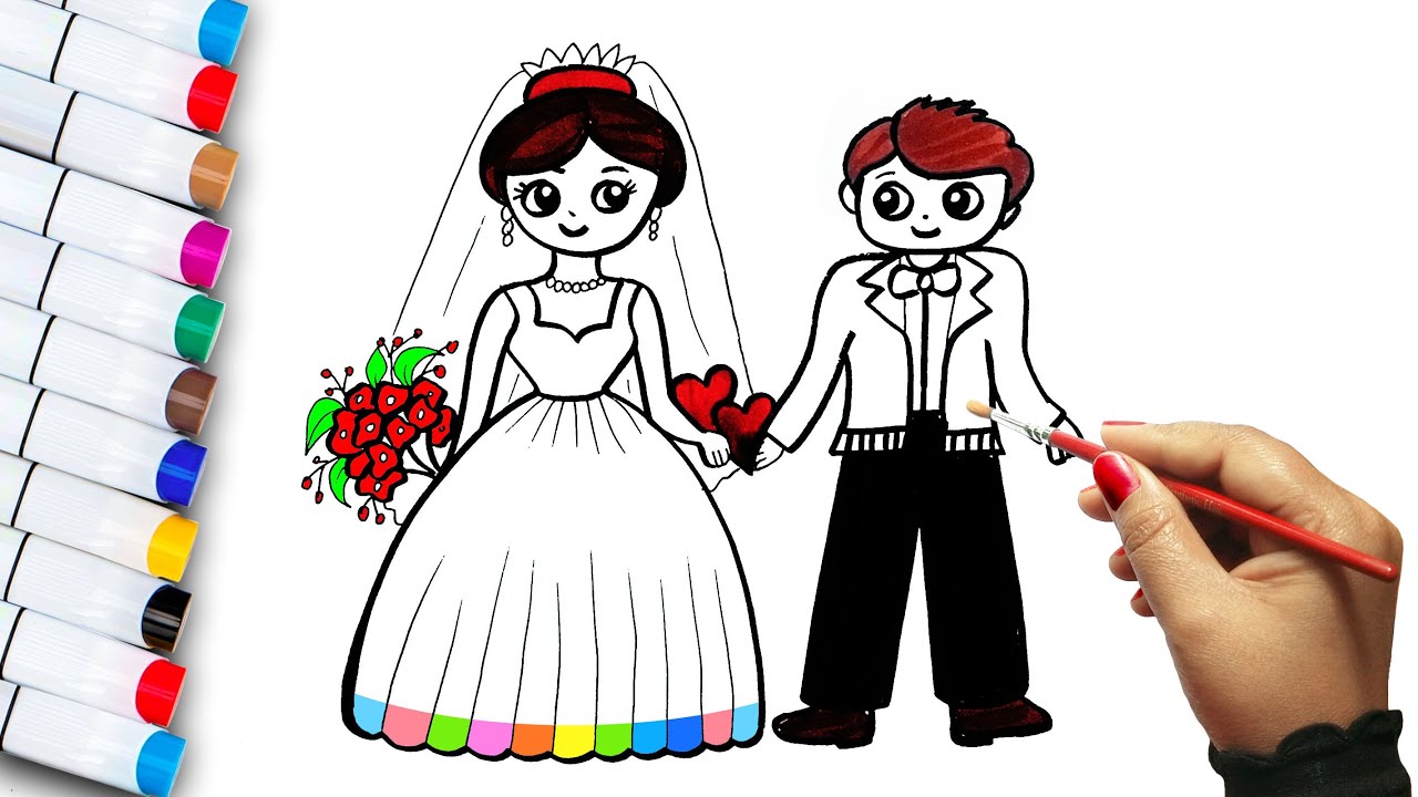 How to Draw a Bride and Groom for kids | Bride and Groom Drawing and ...