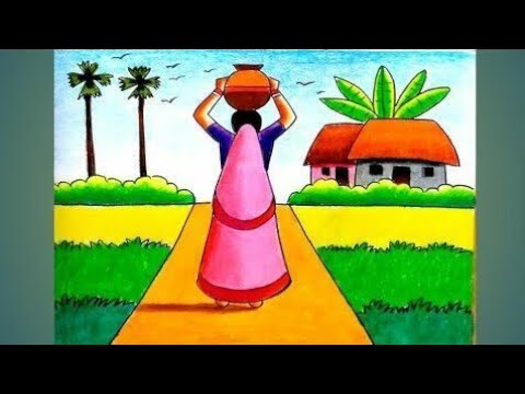 How to easy draw villege scenery biggener villege scenery tutorial ...
