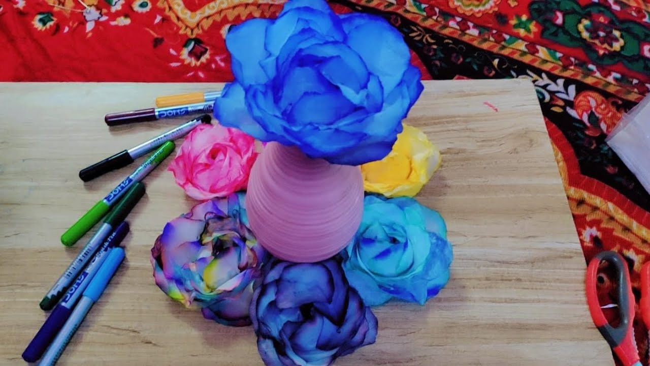 టిష్యూ పేపర్ తో గులాబీలు | Rose flowers with tissue paper #papercraft # ...