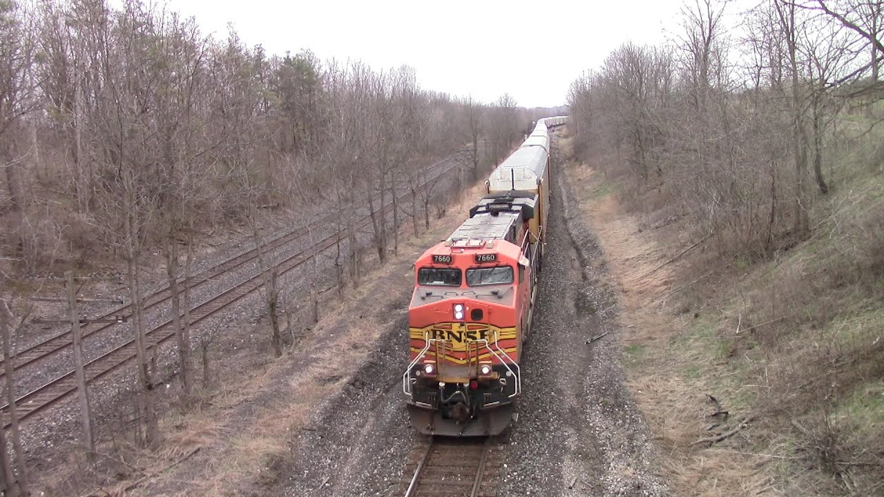 CPKC Autorack Train With BSNF 7660 Locomotive At Denfield Bridge Over ...