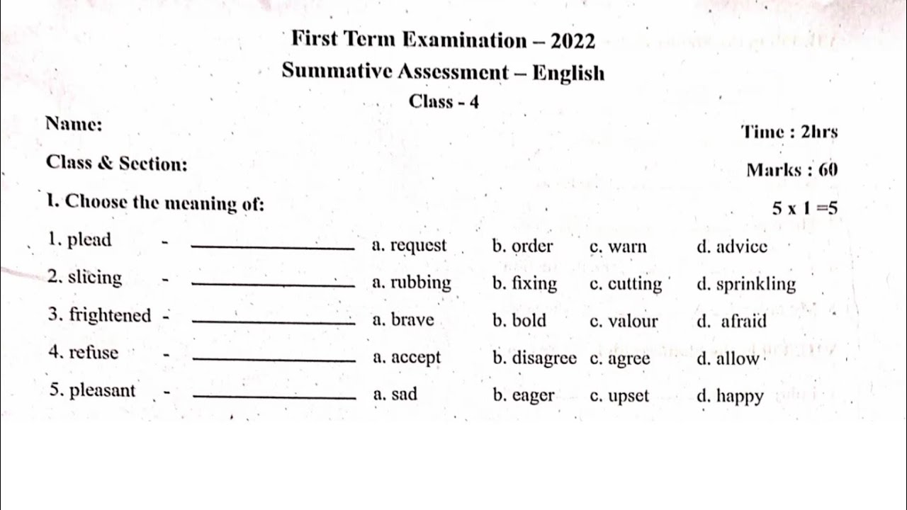 4th standard English first term summative assessment question paper ...