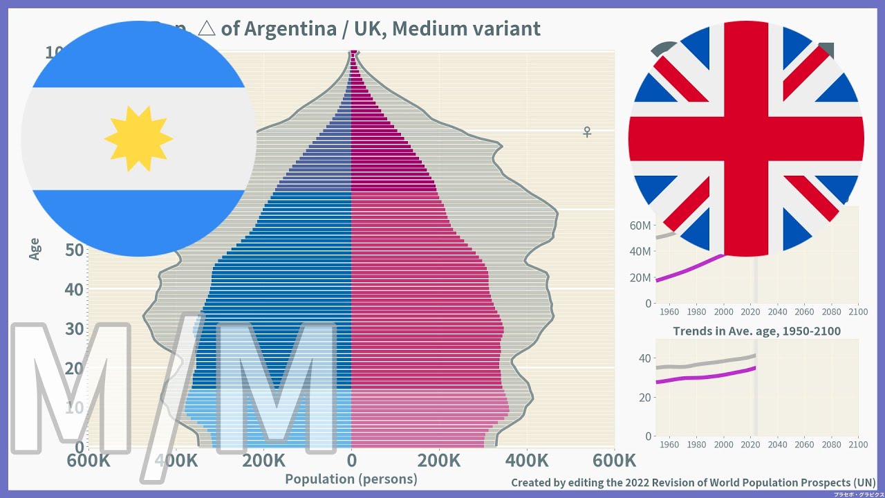 [🇦🇷Argentina vs 🇬🇧UK] Comparison of Population Pyramids (1950-2100 ...