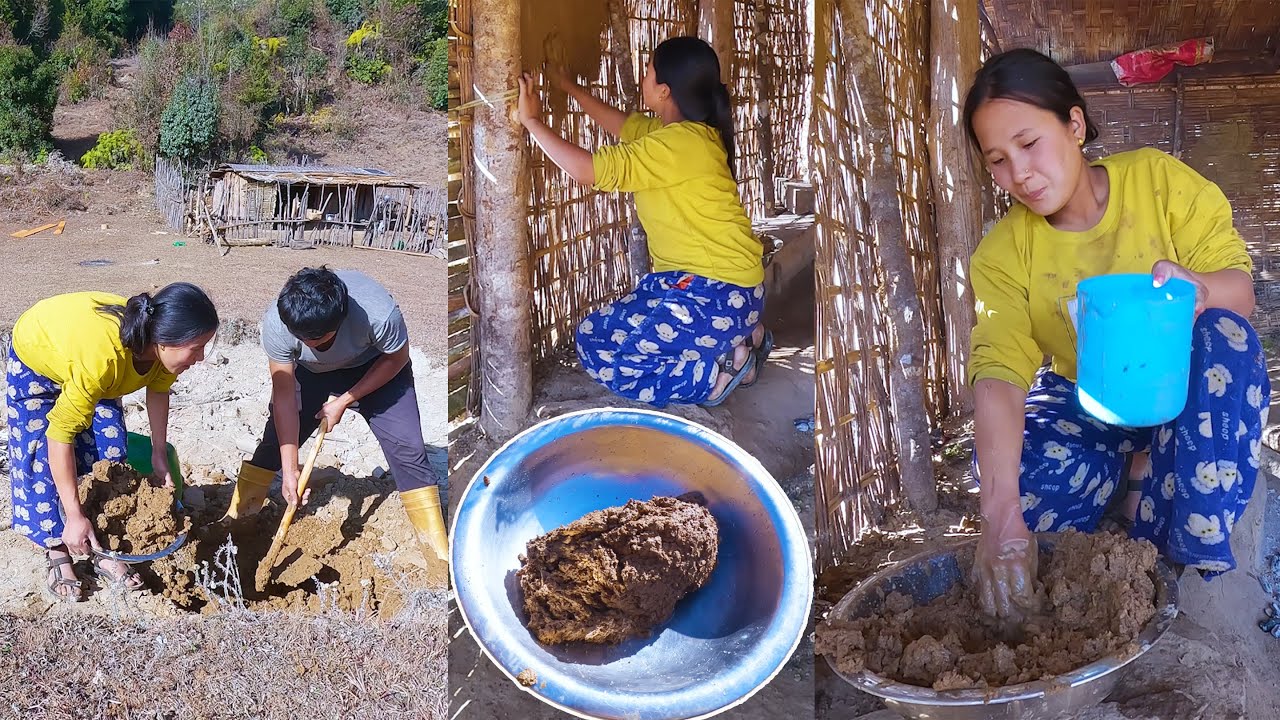 We are covering wall using mud || Manjita & Mr Nati working together in ...