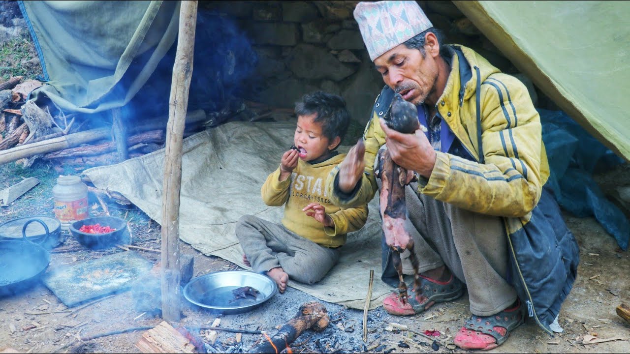 Himalayan village father and son cooking and eating meat||natural hilly ...
