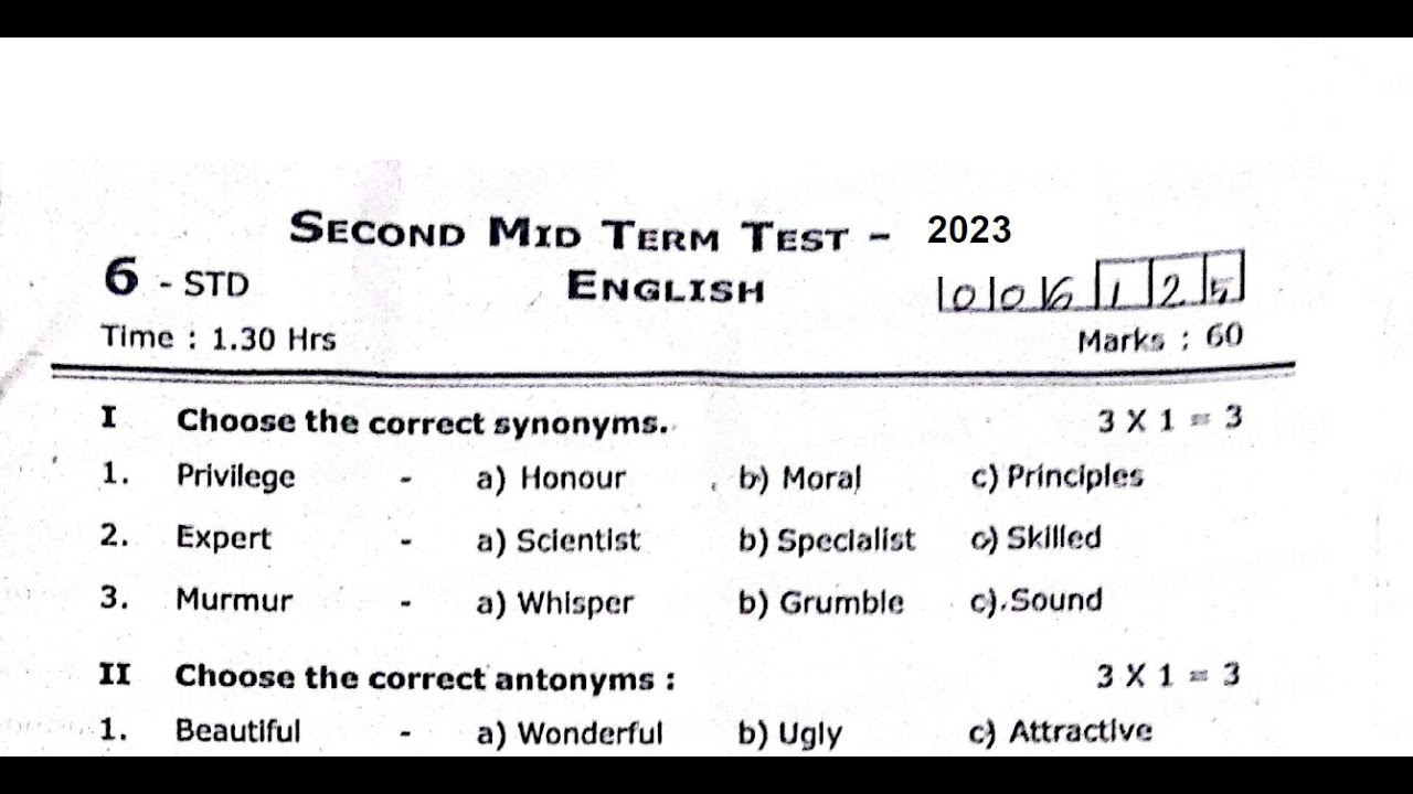 6th English 2nd Mid Term Model Question Paper 2023 Nammatuition 6th