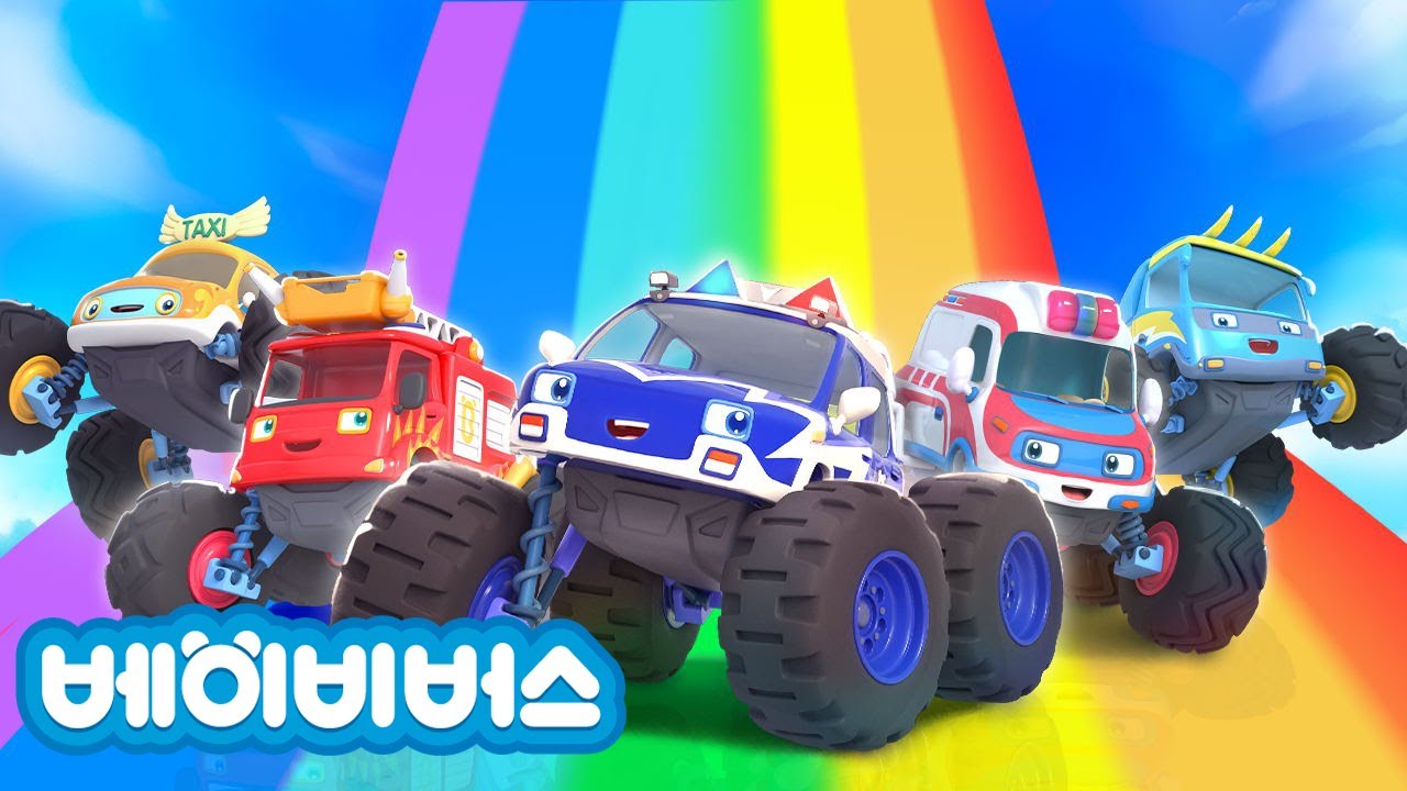 다섯대의 몬스터차 긴급출동 🚘🚨 몬트터차 동요 경찰차 소방차 구급차 트레일러 트럭 모음집 연속듣기 베이비버스