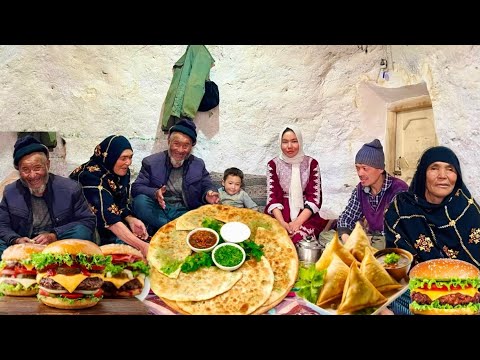 Cooking Traditional Food ( Bolani) with Grandma and Grandpa/ living in the cave/Village life