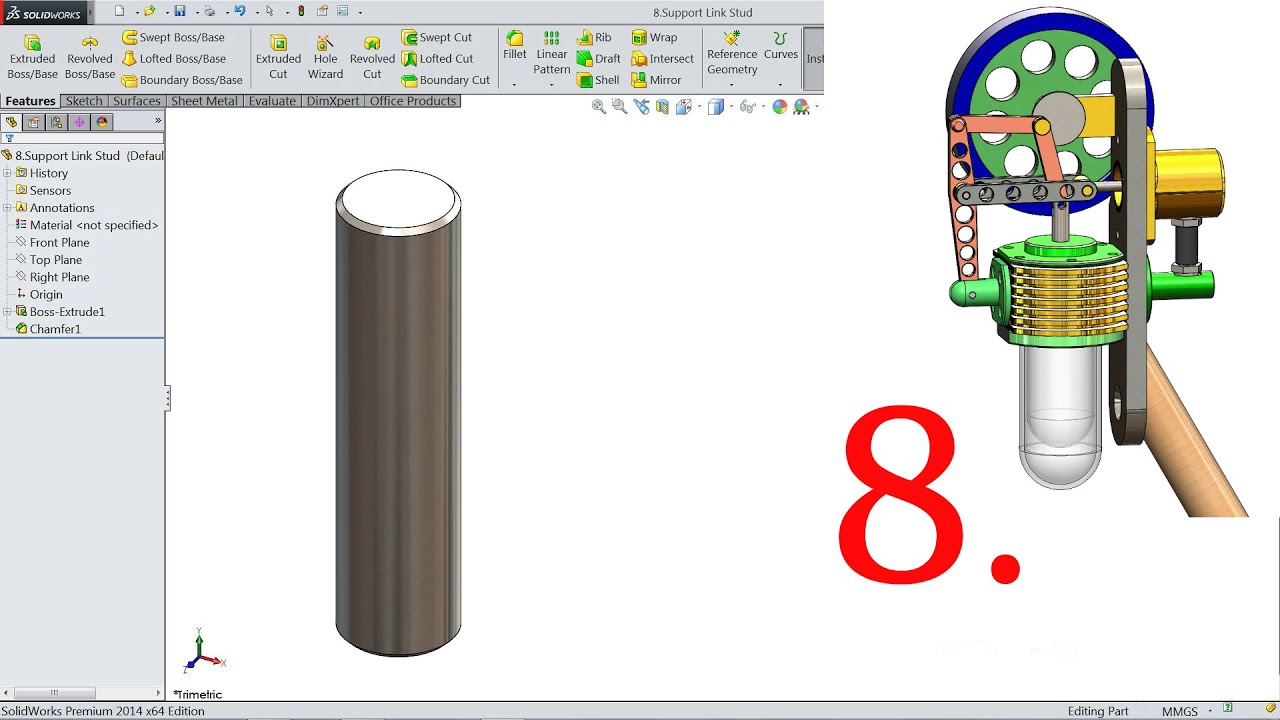 SolidWorks Tutorial Vertical Stirling Engine 8.Support Link Stud - YouTube