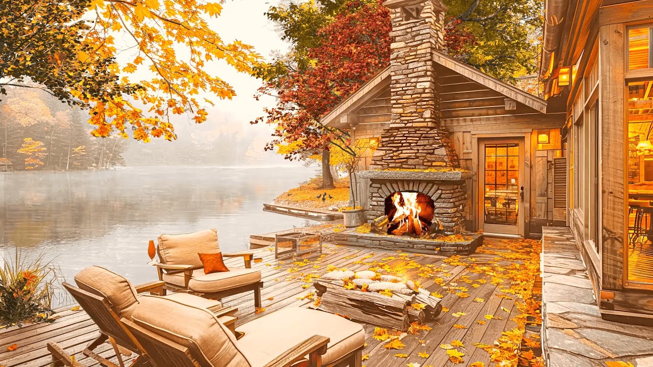 AUTUMN LAKE HOUSE AMBIENCE Crackling Fire Sounds, Autumn Nature Sounds ...