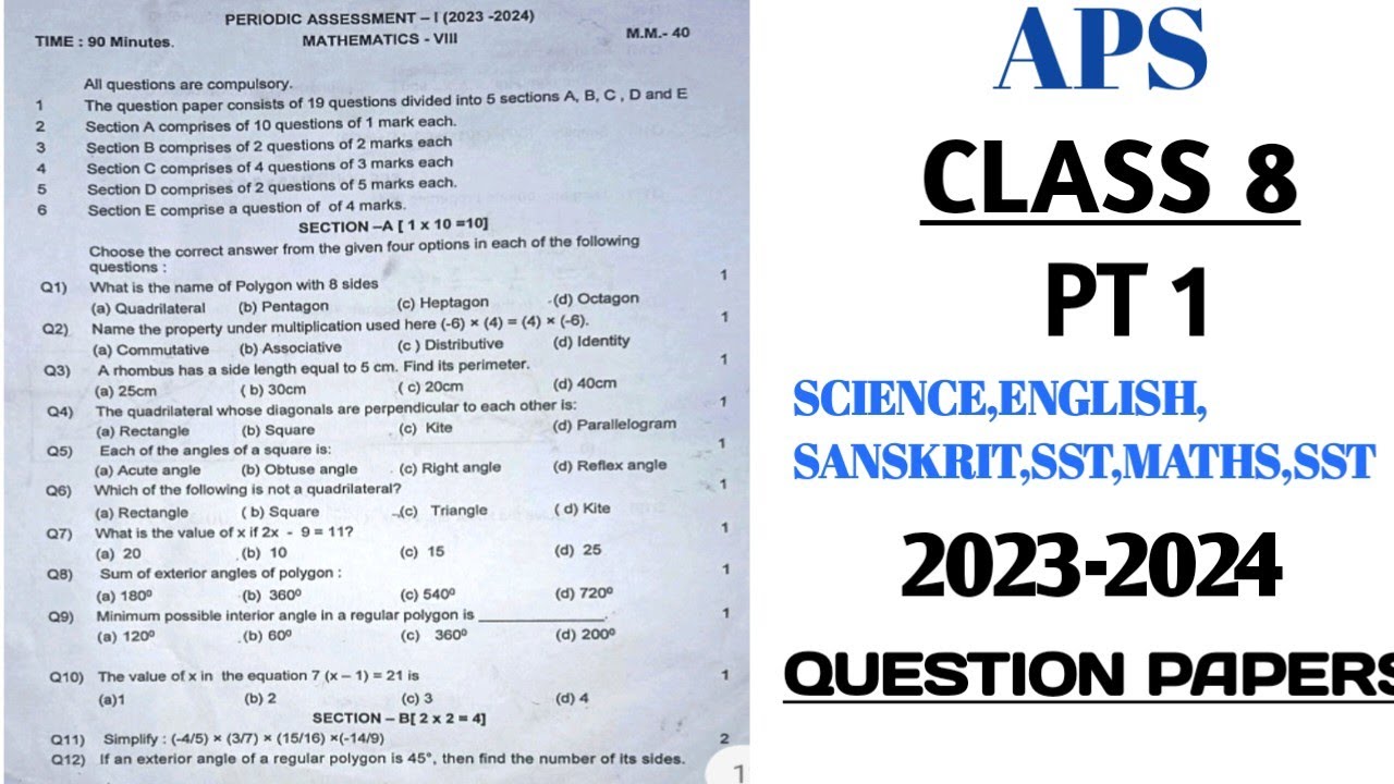 APS class 8 PREVIOUS YEAR EXAM PAPERS OF PERIODIC ASSESMENT -1 2023 ...