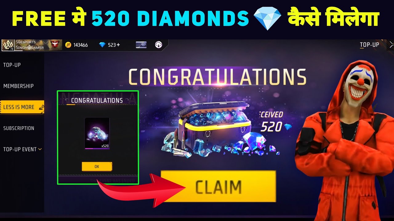 Free 520 💎 Diamonds, Less Is More Event In Free Fire, Free Fire New ...