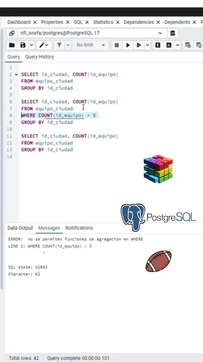 PostgreSQL 17 - Ejemplo: Sentencia HAVING . Ciudades en las que juegan más de 3 equipos. - YouTube
