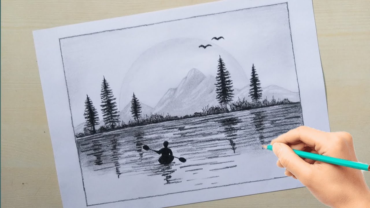How to draw easy scenery drawing with pencil step by step / Landscape ...