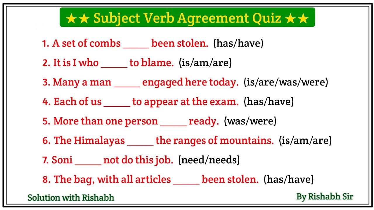 Subject Verbs Agreement practice set | Subject Verbs Agreement Quiz ...