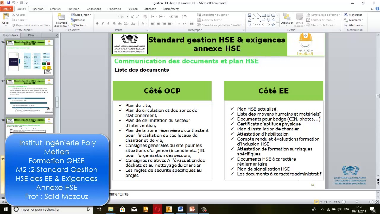 Communication des documents et plan HSE : OCP ET EE Liste des documents ...