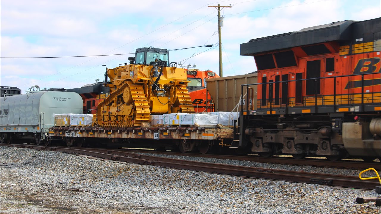 Norfolk Southern 123 with BNSF in the lead with A high & wide load ...
