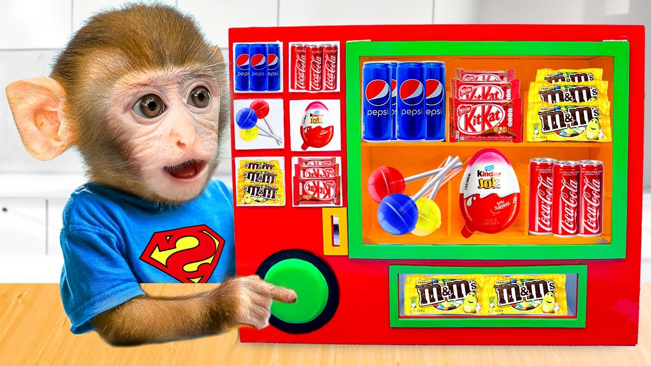 Monkey CoCa’s fun challenge: Can he get candy from the colorful vending ...