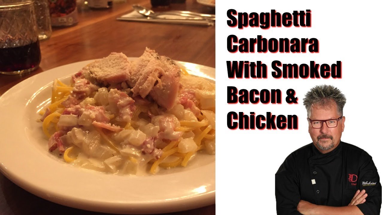 Spaghetti carbonara with smoked bacon, topped with grilled free range ...