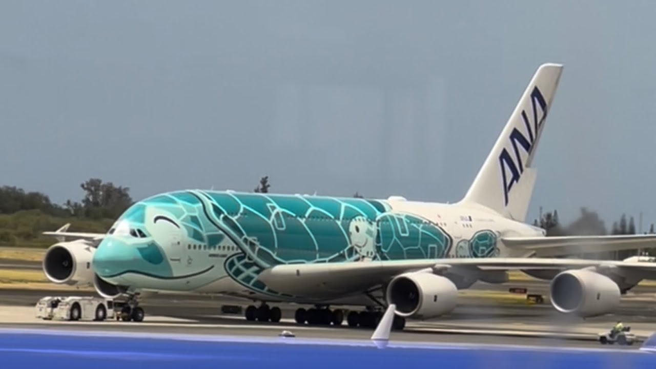 A380 ANA Flying Honu Pushing Back from Gate | HNL Honolulu ...