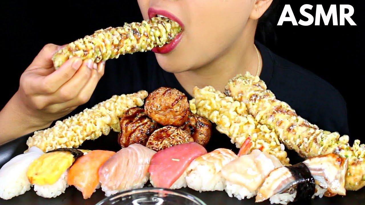 ASMR Sushi, Shrimp Tempura, Takoyaki and Fish Cakes EATING SOUND ...