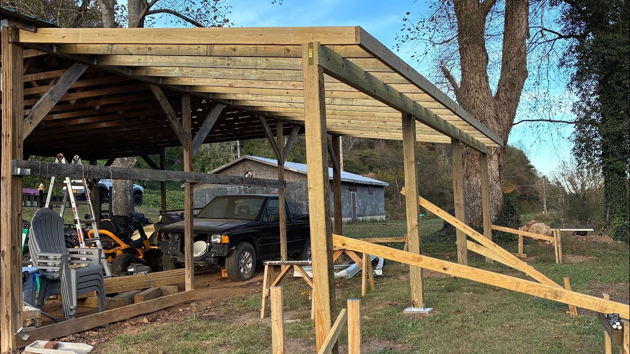 Building a pole barn addition part 3 rafters, fascia, and purlins - YouTube