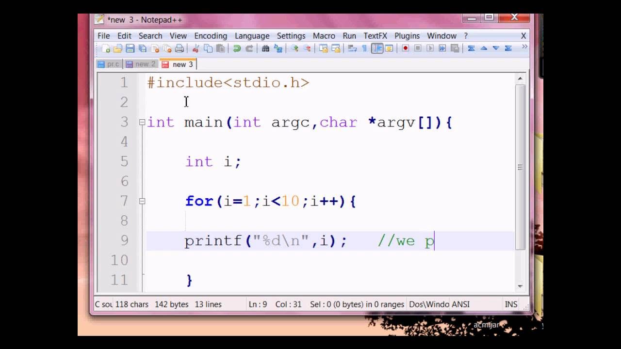tutorial for loop demo program in C using cygwin gcc compiler - YouTube