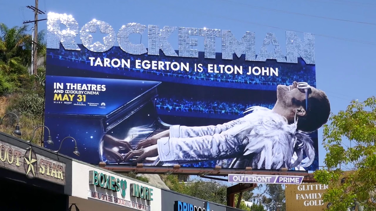Rocketman movie glittering logo billboard along the Sunset Strip - YouTube