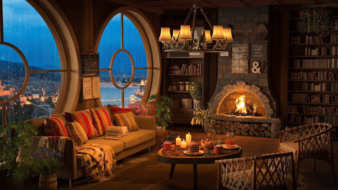 Rain Ambience in Cozy Bookstore Cafe with Jazz Relaxing Music & Jazz ...