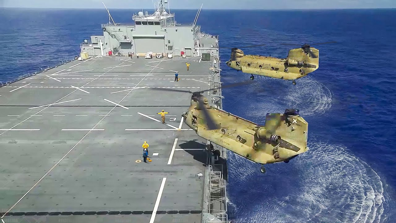 US Pilot Landing Powerful CH-47 on Massive Sea Base in Middle of the ...