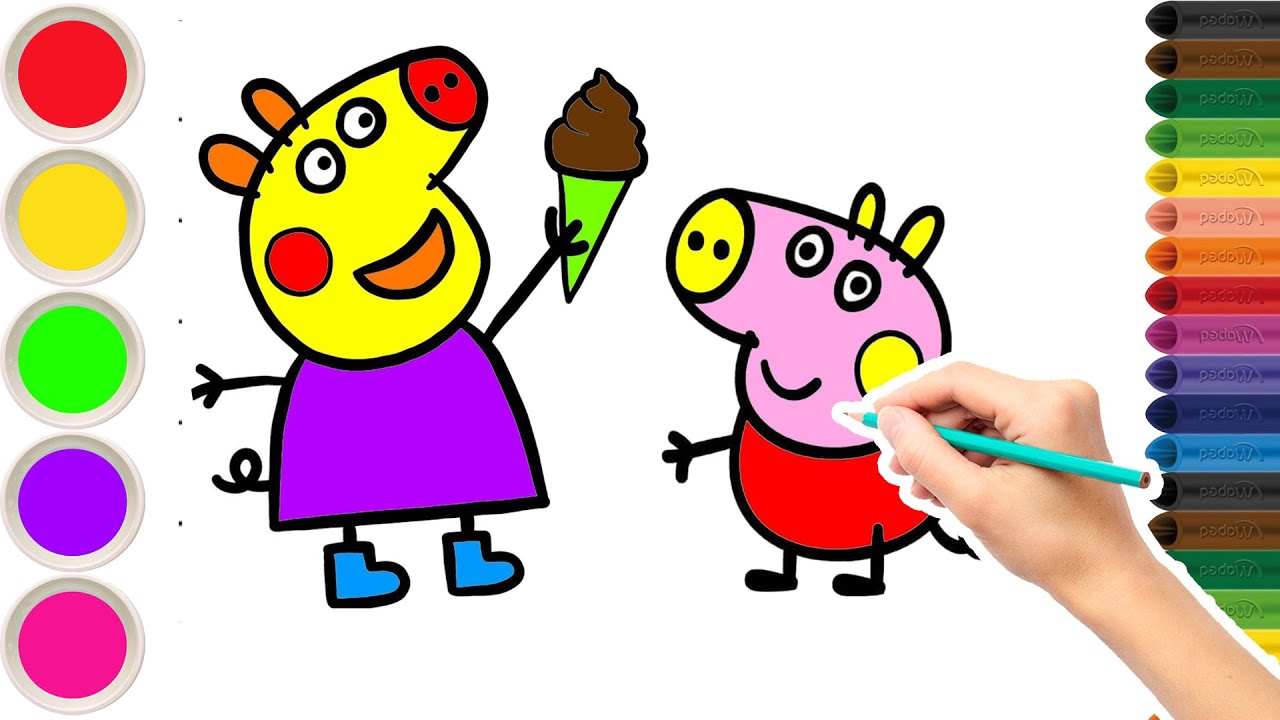 Drawing and Coloring Peppa Pig and George Pig eating Ice-Cream - YouTube