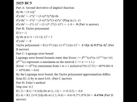 2025 AP Calculus BC FRQ 5 Walkthrough with Work - Differential Equation ...